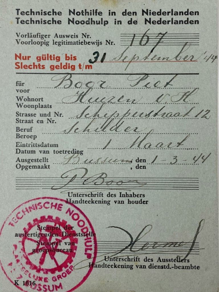 Original WWII Dutch Technische Noodhulp temporary ID card 'Bussum ...