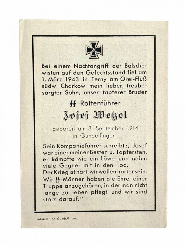 Original WWII German Waffen-SS death card - Oorlogsspullen.nl ...