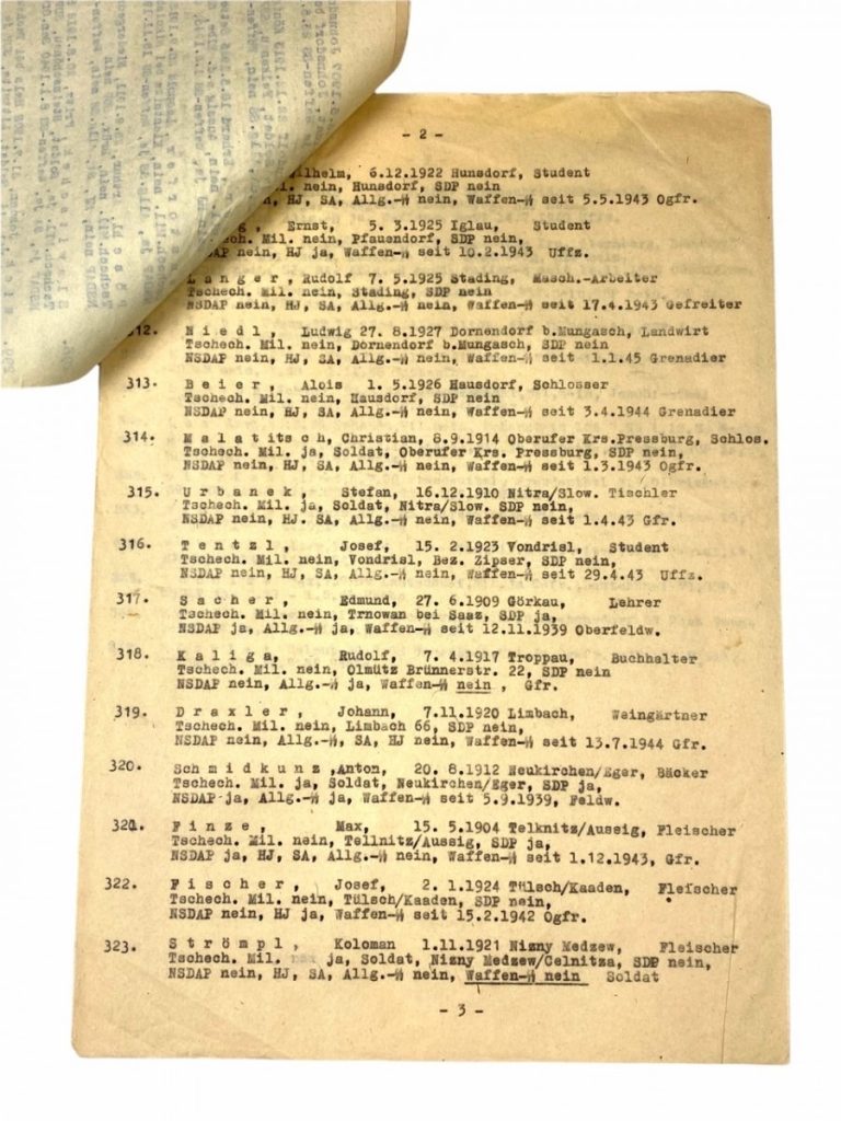 Original WWII German Waffen-SS list with Czech members - Oorlogsspullen ...