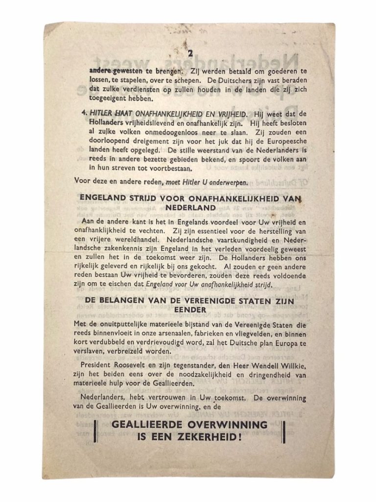 Original WWII Allied dropping leaflet for the Netherlands ...