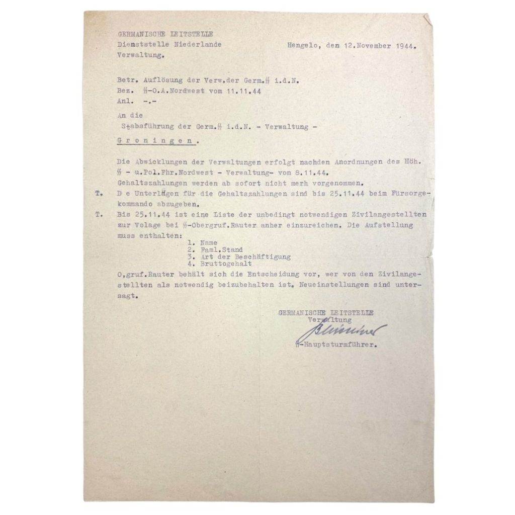 Original WWII German Waffen-SS document Hengelo/Groningen ...