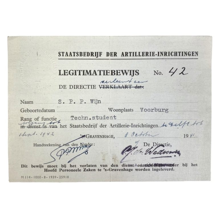 Original WWII Dutch ID card - Staatsbedrijf der Artillerie-Inrichtingen ...