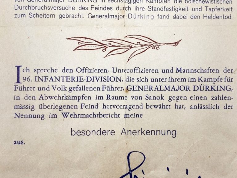 Original WWII German citation 96. Infanterie Division - Oorlogsspullen ...