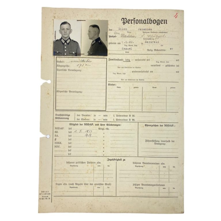 Original WWII German Polizei ‘Personalbogen’ SS Polizei-Regiment 17 ...