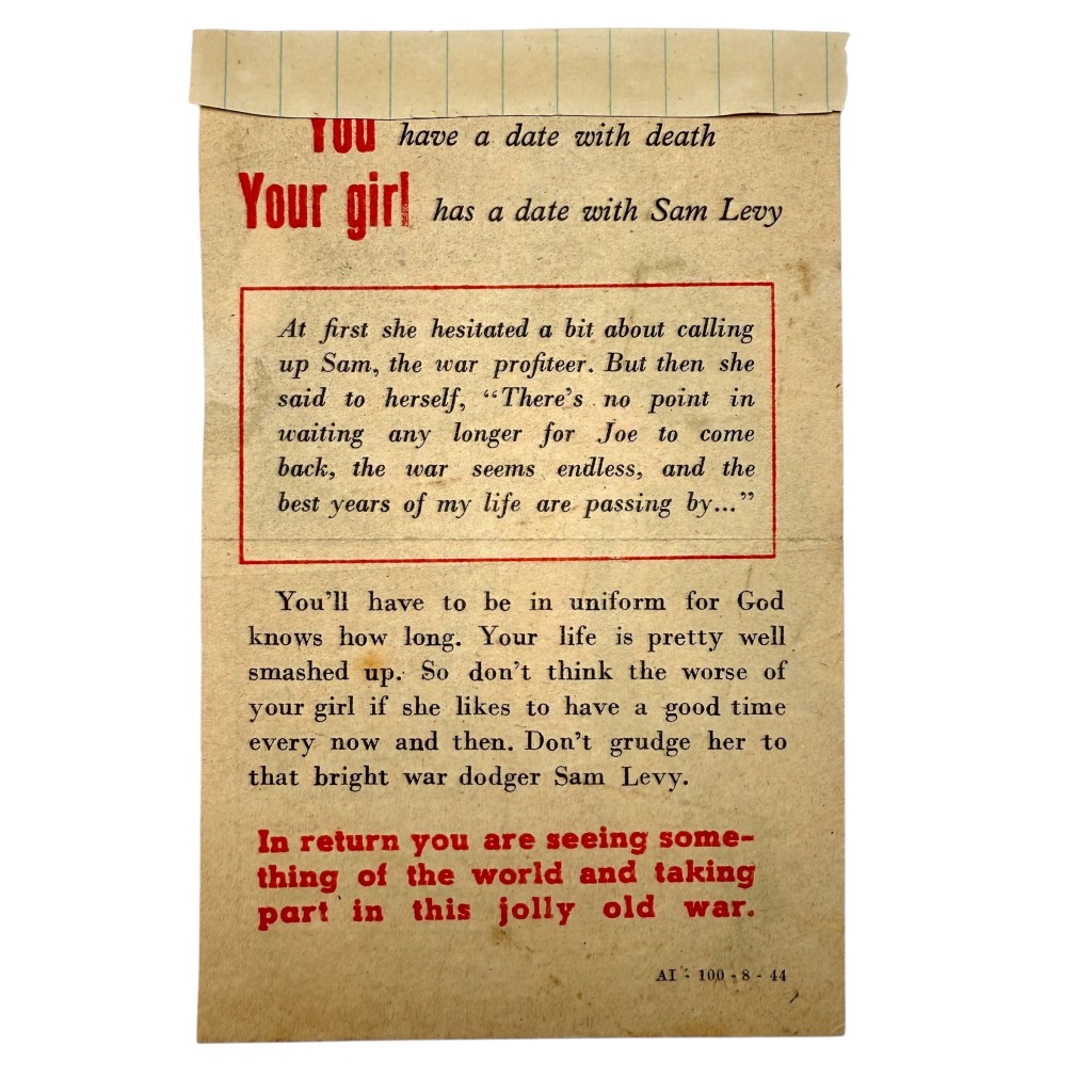 Original WWII German propaganda leaflet 'What about calling up Sam Levy ...