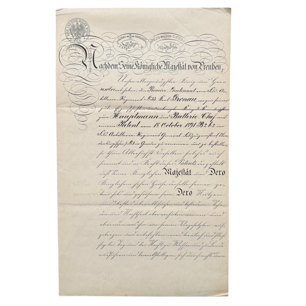 Original 1891 Prussian military certificate – hand-signed by Kaiser ...